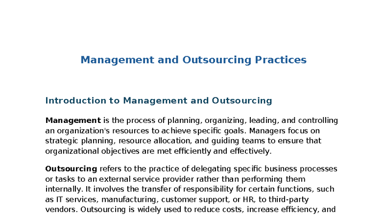 Management and Outsourcing Practices: A Comprehensive Overview - Studocu