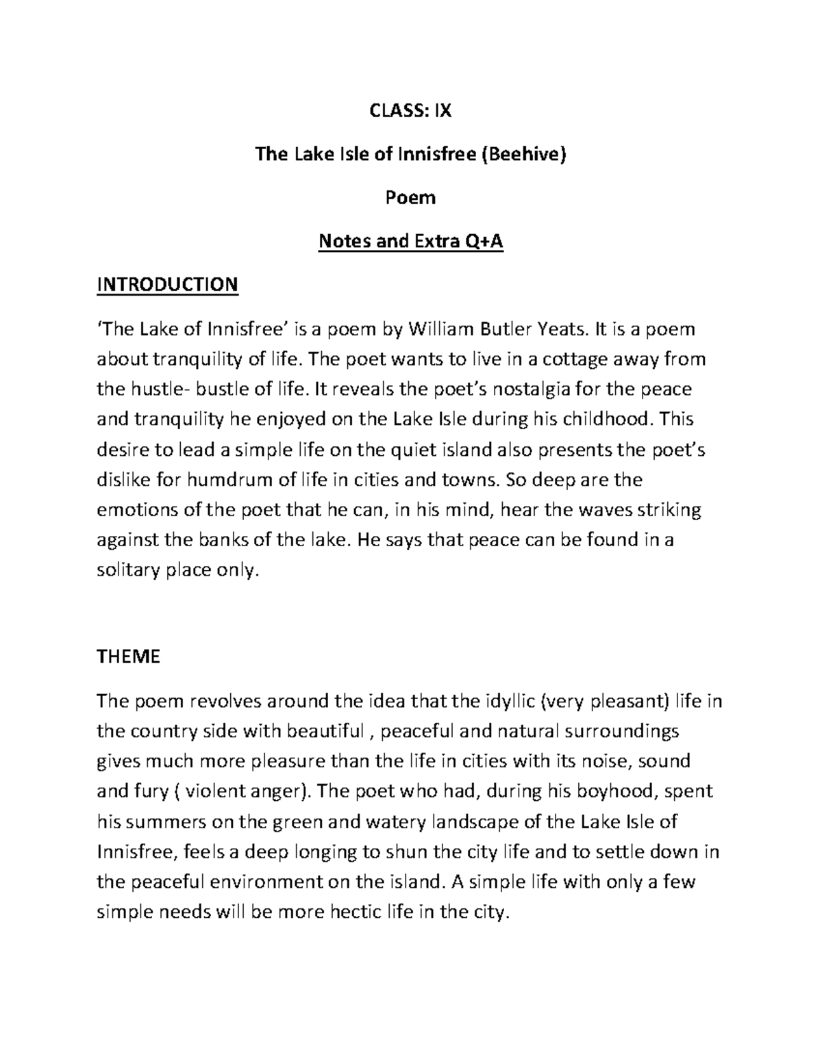 CLASS: IX The Lake Isle of Innisfree Poem Notes & Analysis - Studocu