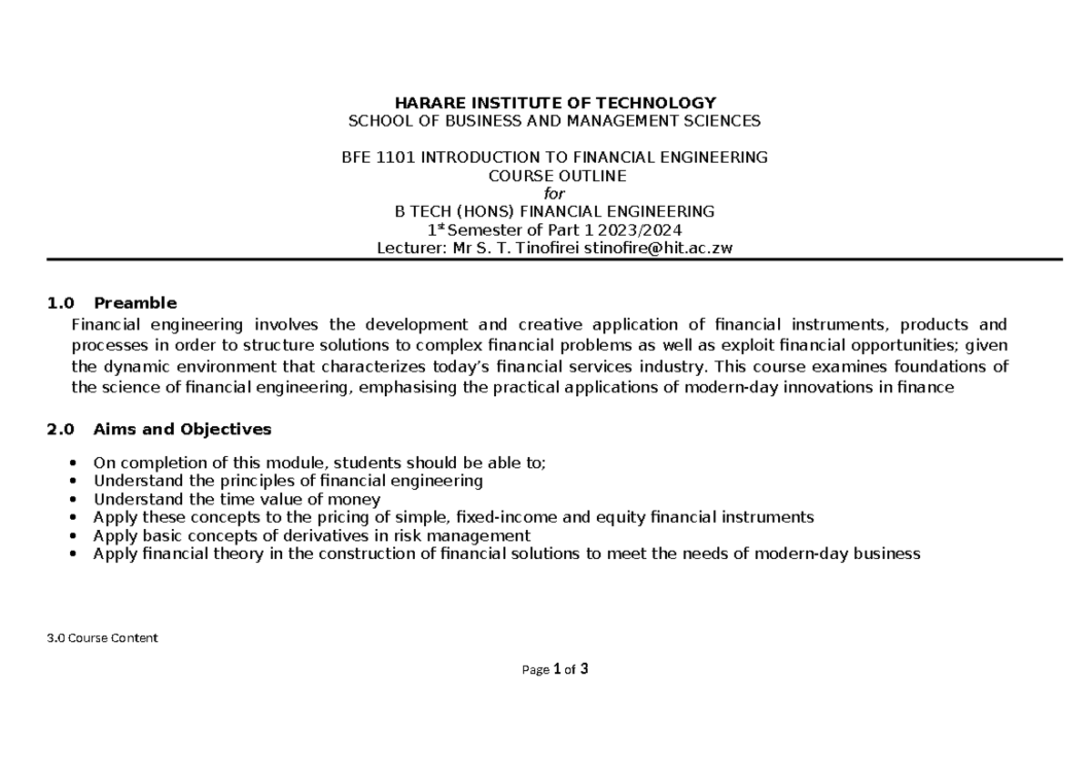 Intoduction to Financial Engineering 2023 outline - HARARE INSTITUTE OF ...