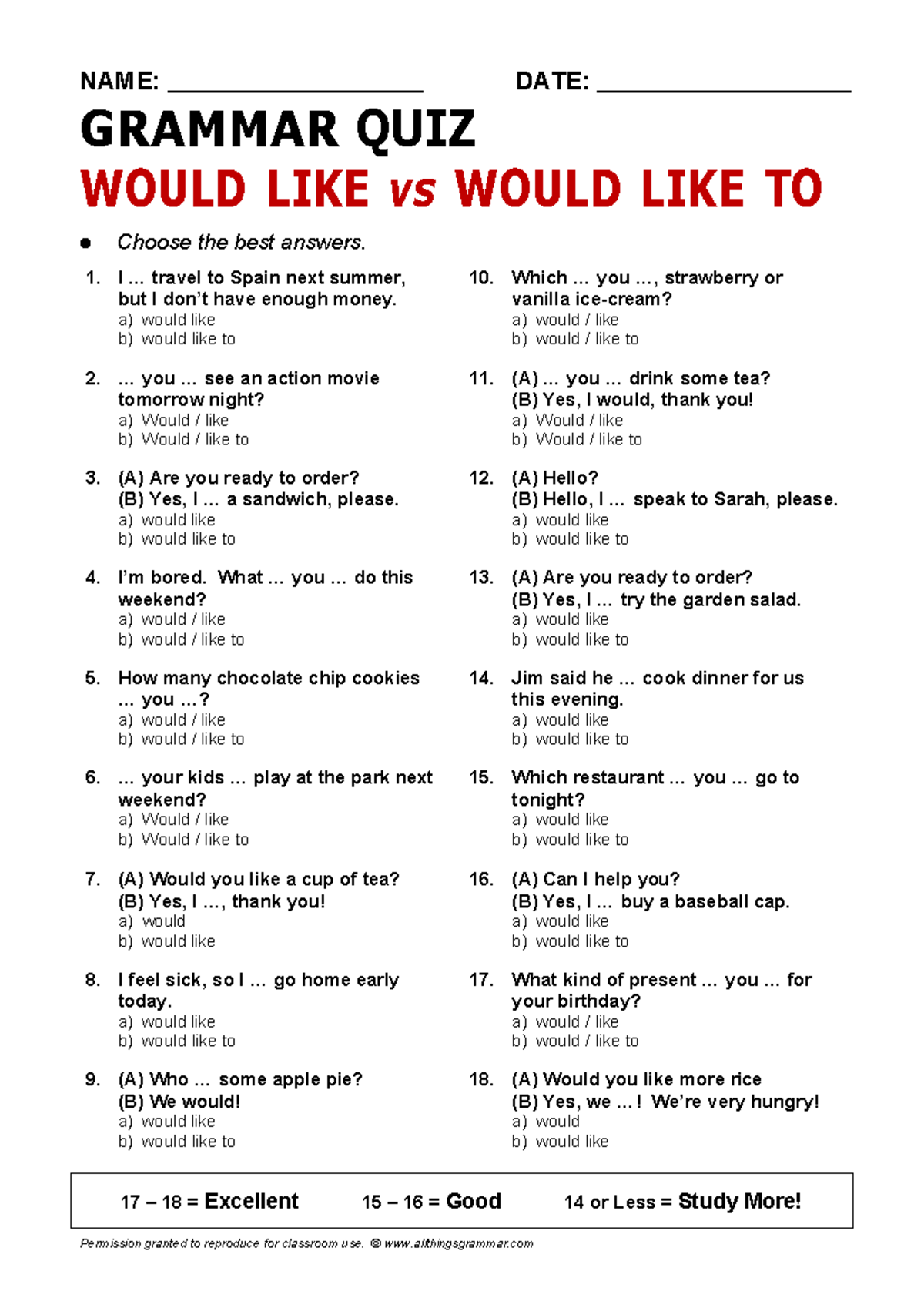 ENG 2020 Grammar Quiz: Would Like vs Would Like To - Studocu