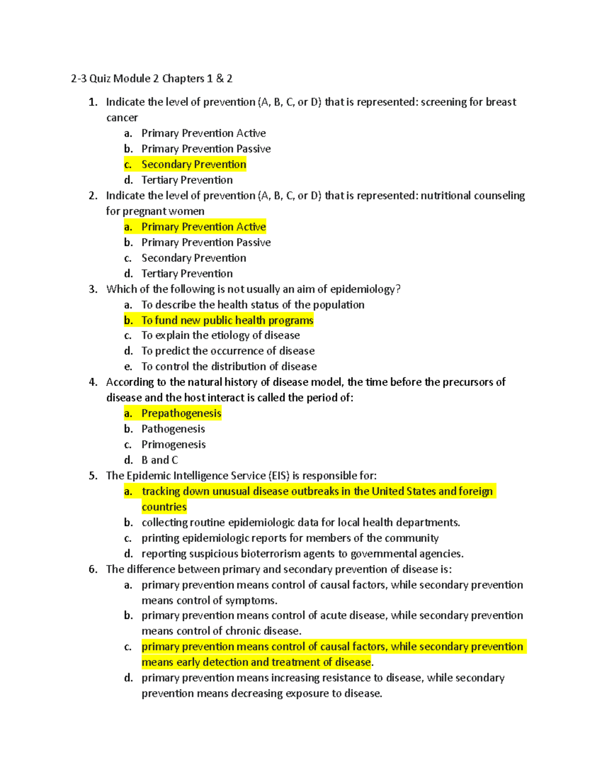 IHP 515 Module 2 Quiz: Prevention Levels and Epidemiology Concepts ...