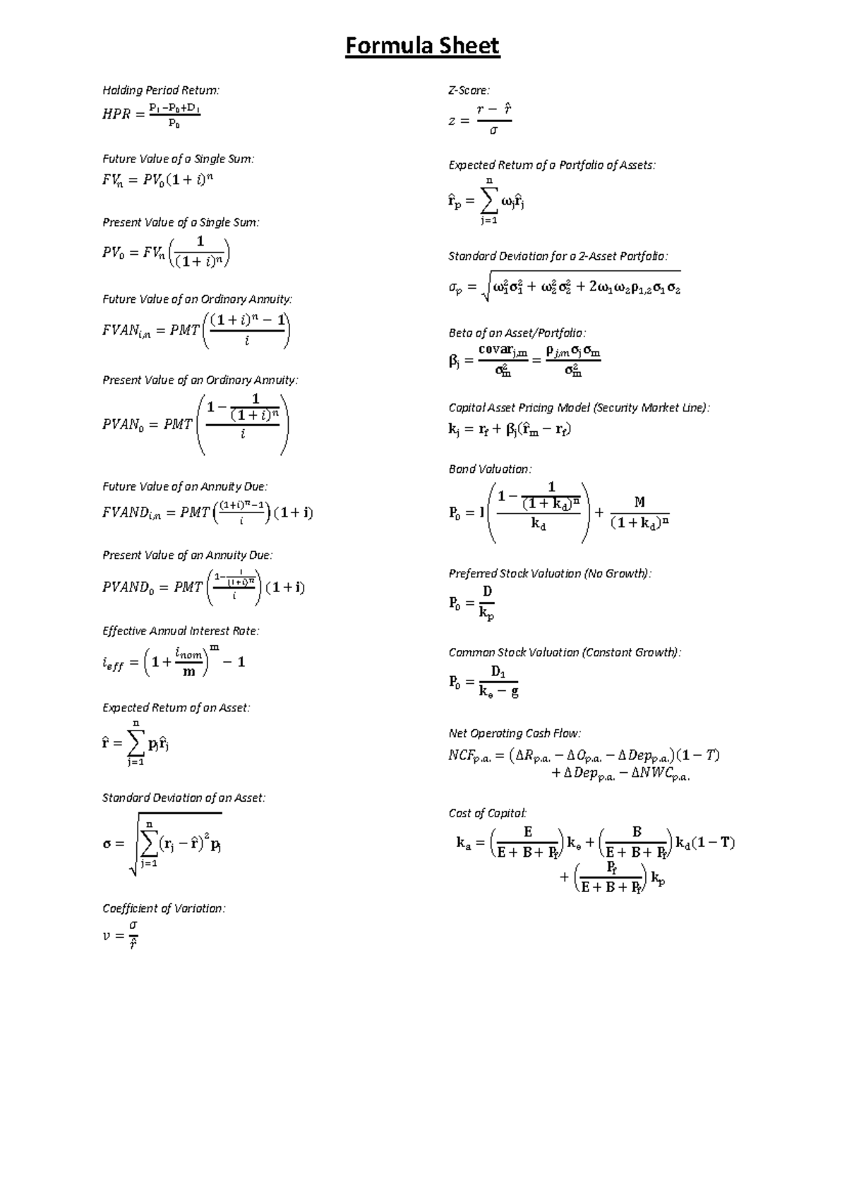 FINC11-101 Formula Sheet: Key Financial Concepts & Calculations - Studocu