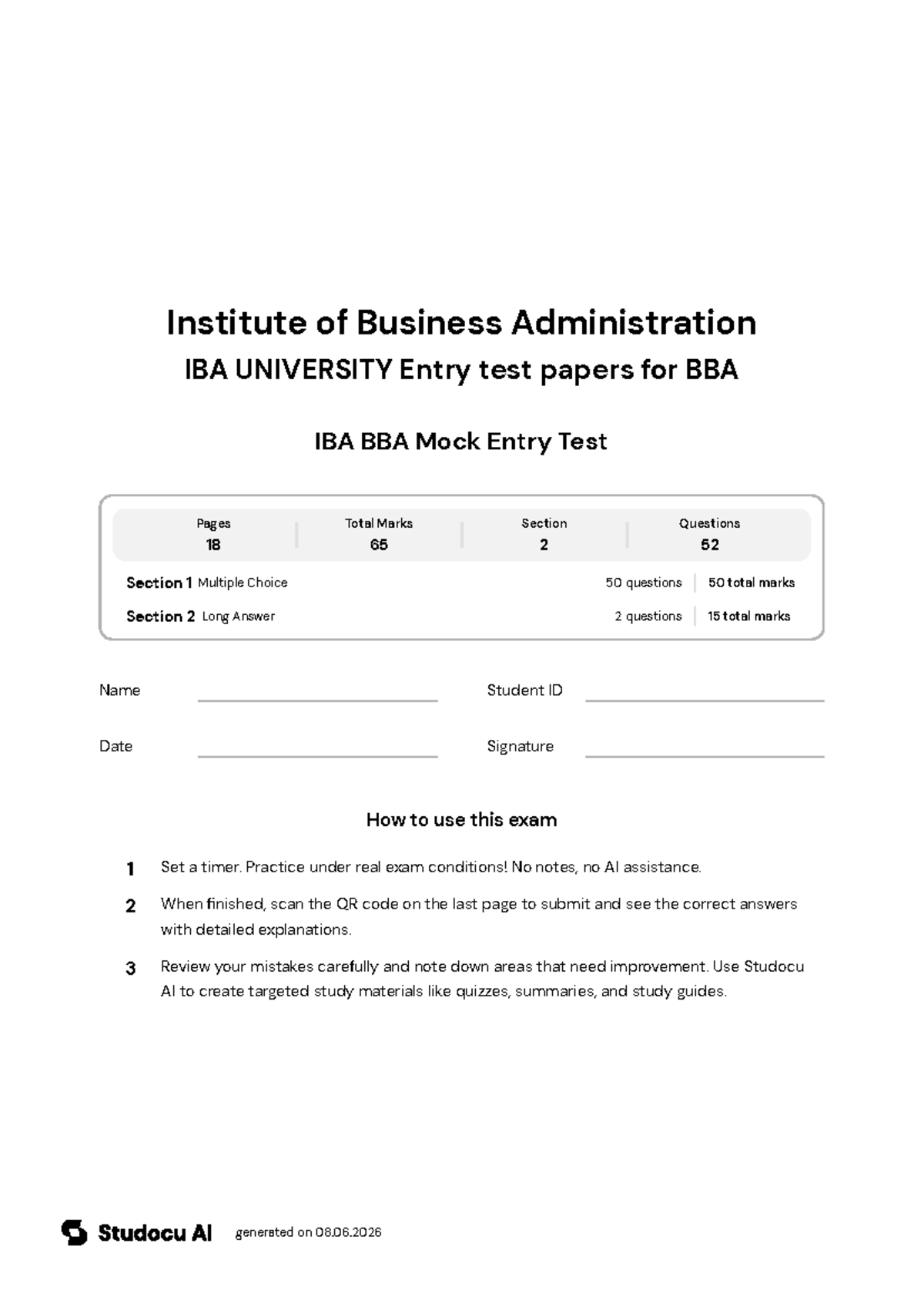 IBA BBA Mock Entry Test - Studocu