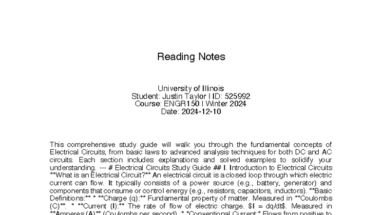 ENGR150 Winter 2024: Electrical Circuits Study Guide Notes - Studocu