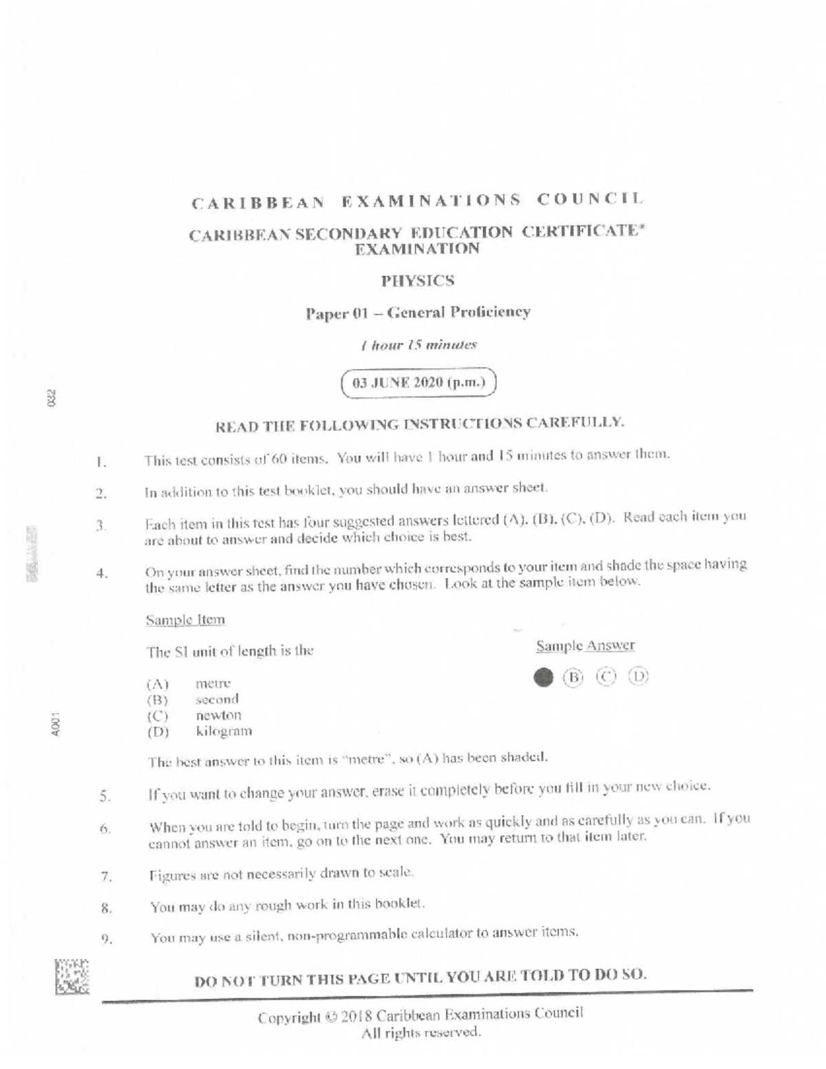 Physics Paper 1 - CSEC 2020 Exam Guide - Studocu