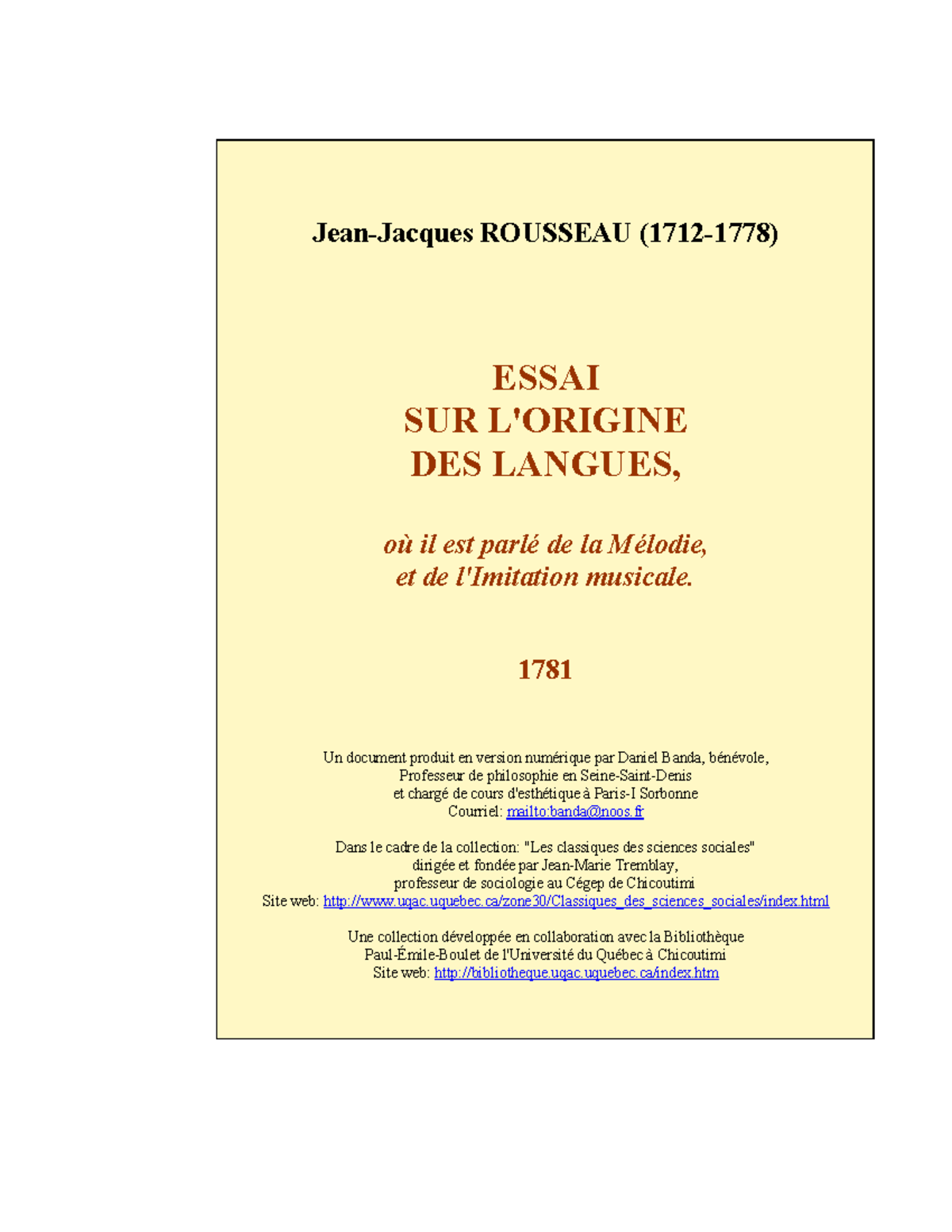 Origine des langues - extrait - Jean-Jacques ROUSSEAU (1712-1778) ESSAI ...
