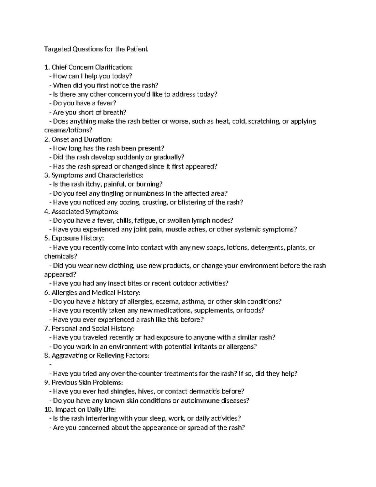 Targeted Rash Assessment Questions - HISTRY Guide - Studocu