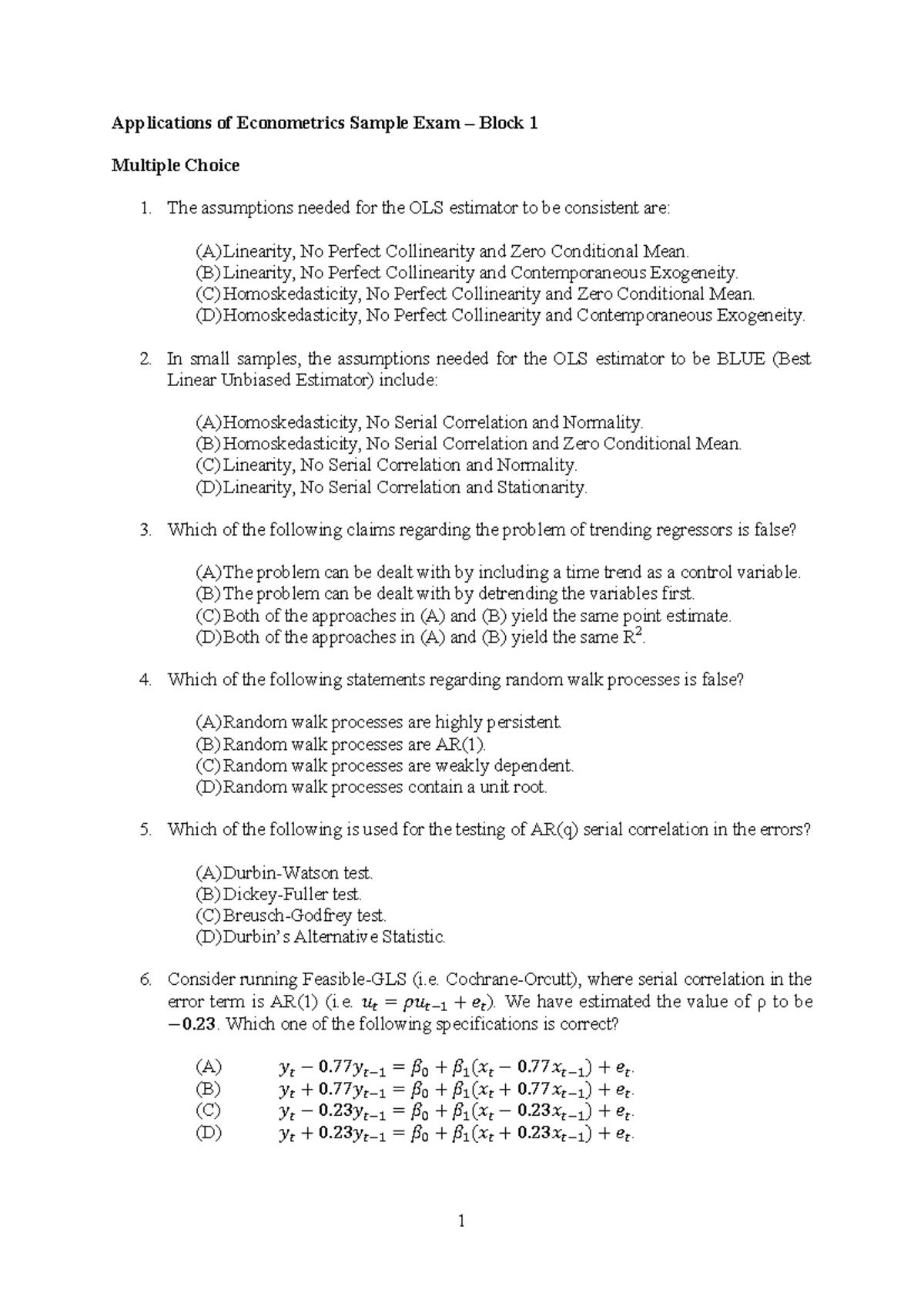 Econometrics Applications Sample Exam Questions (2015) - Studocu