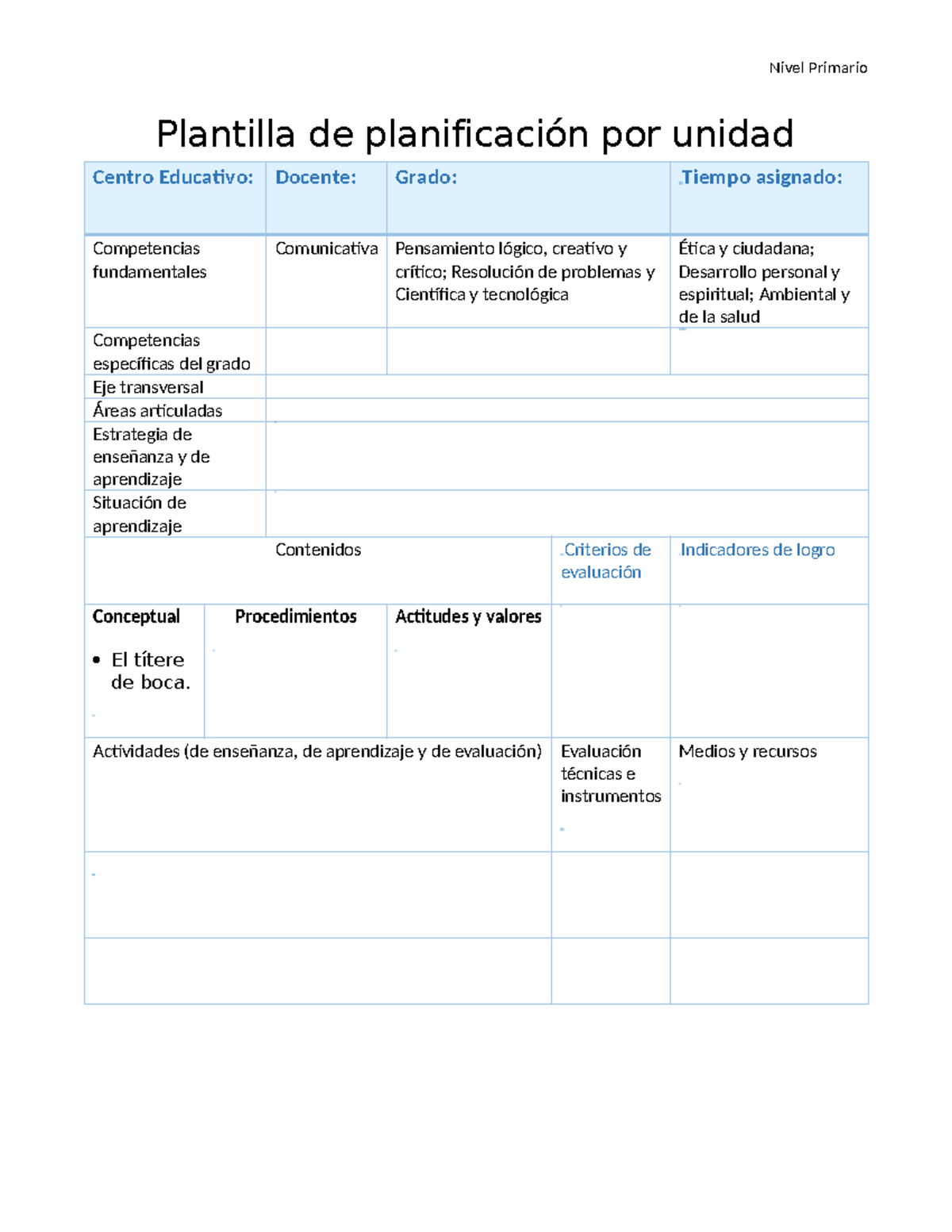 Plantilla DE Planificación POR Unidad - Nivel Primario Plantilla de ...