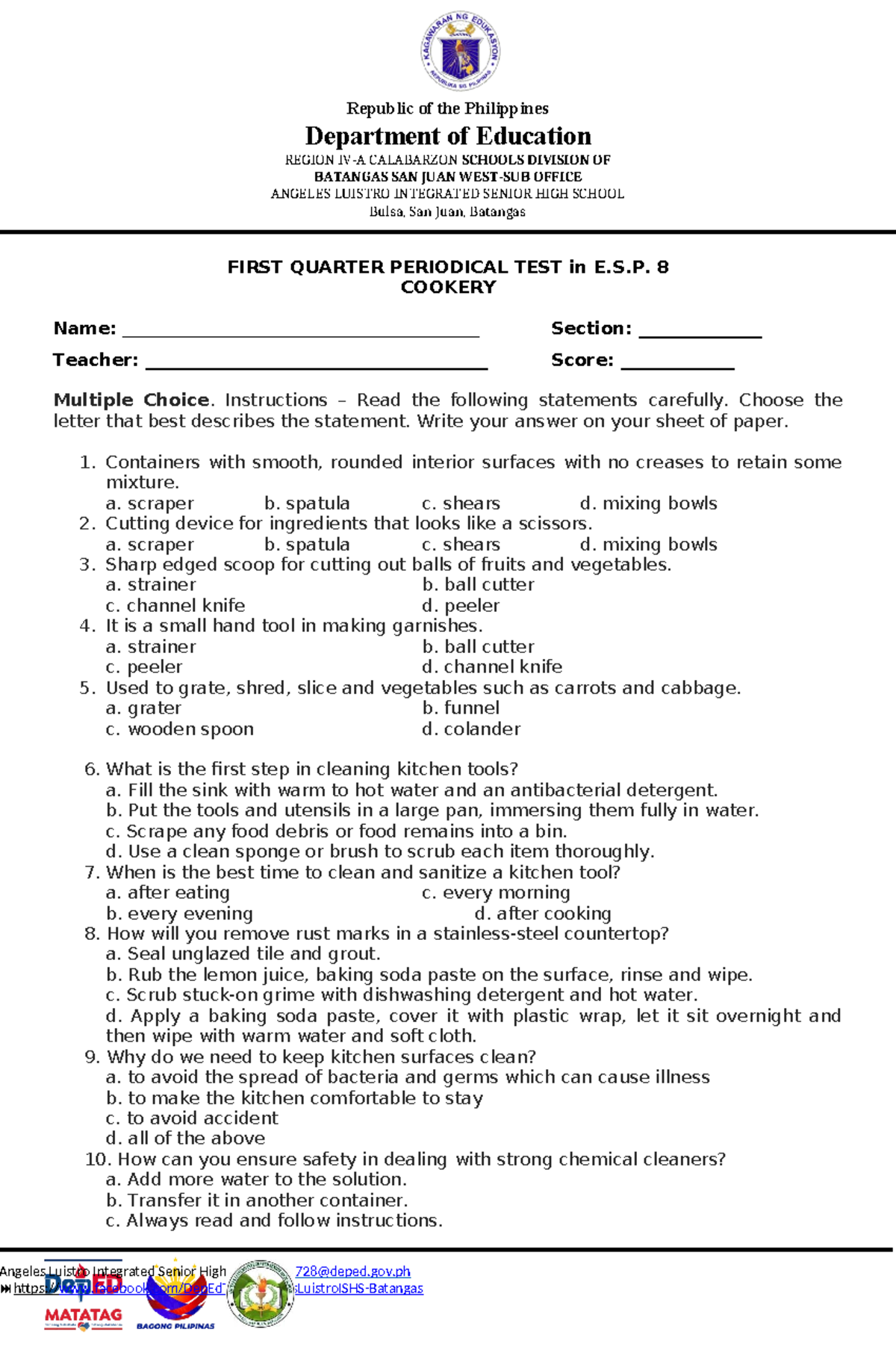 1ST PT- Cookery 9 with TOS - Luistro Integrated Senior High School ...