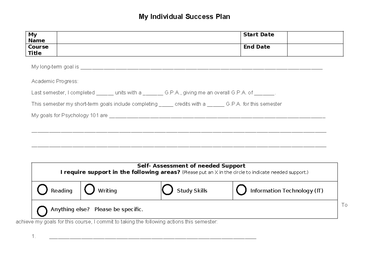 Psychology 101 Individual Success Plan Template - Studocu