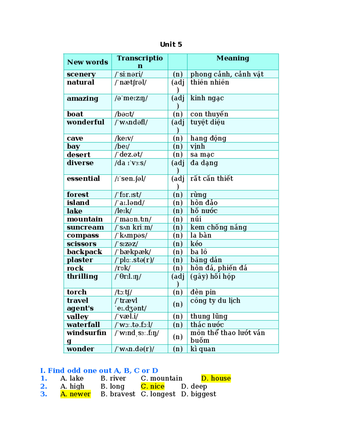 Unit 5 - Vocabulary & Exercises for Grade 6 (Lớp 6) - Studocu