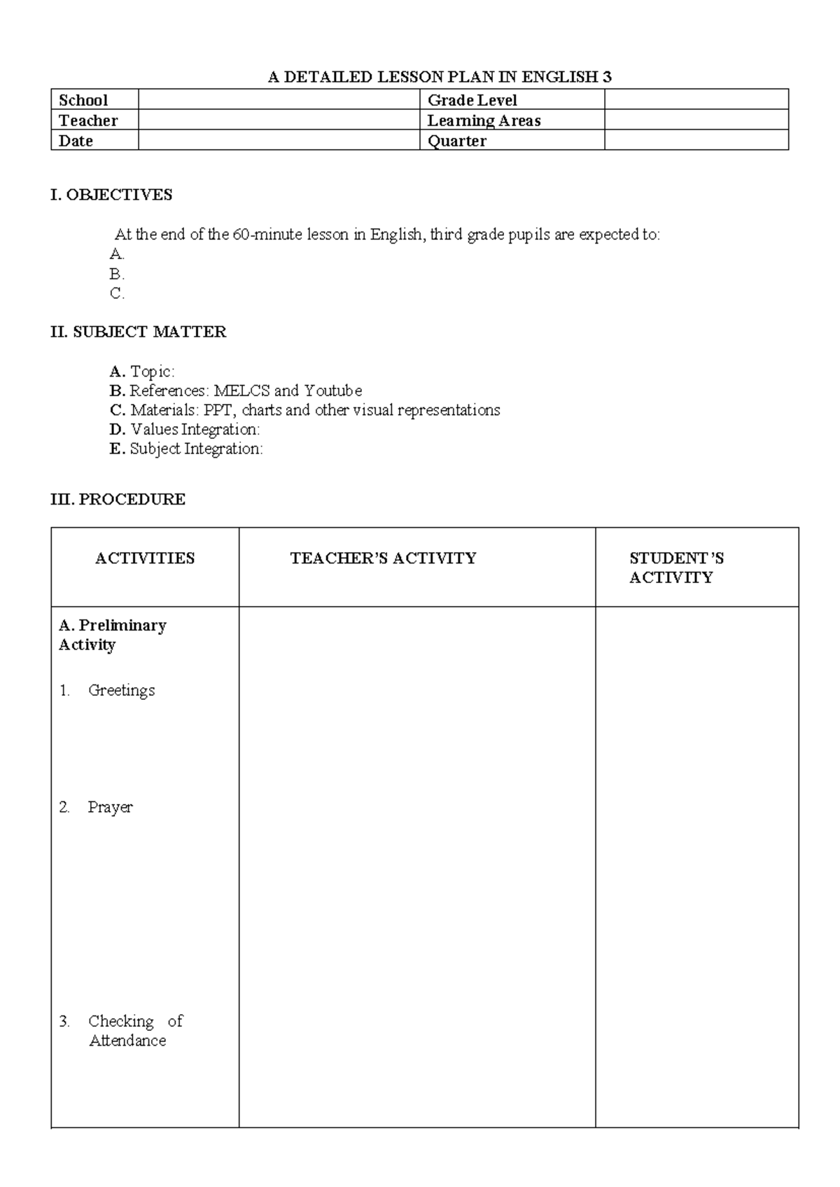 Detailed Lesson Plan (DLP) for English 3: Objectives & Activities - Studocu