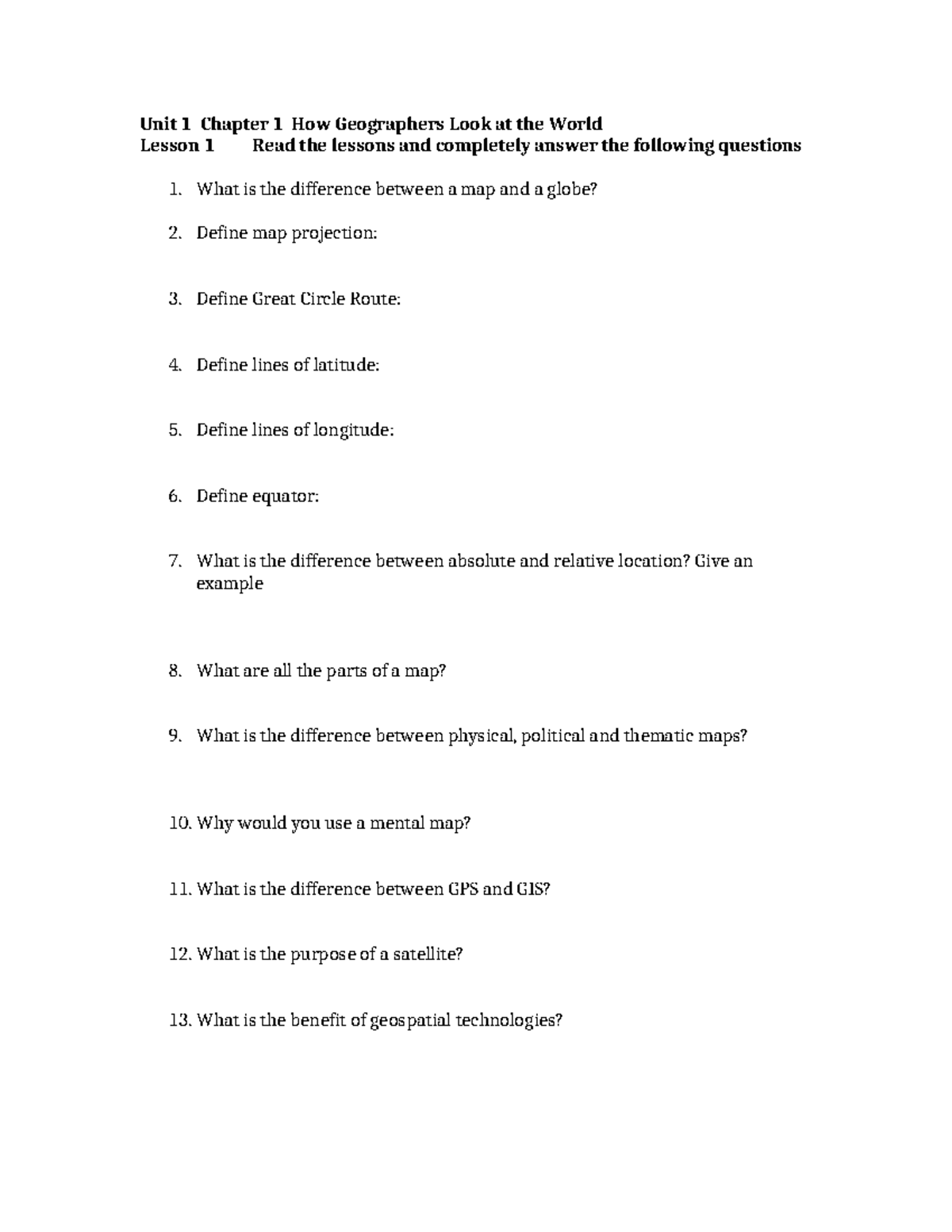 Unit 1 Chapter 1: Geographical Concepts & Map Analysis Lesson 1 - Studocu