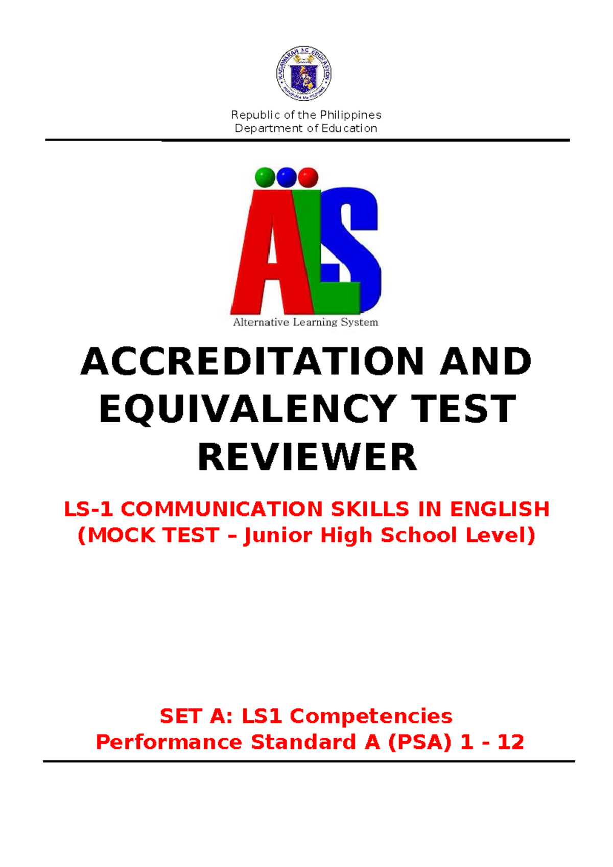 ALS A E Reviewer Mock Test LS1: Communication Skills in English - Studocu