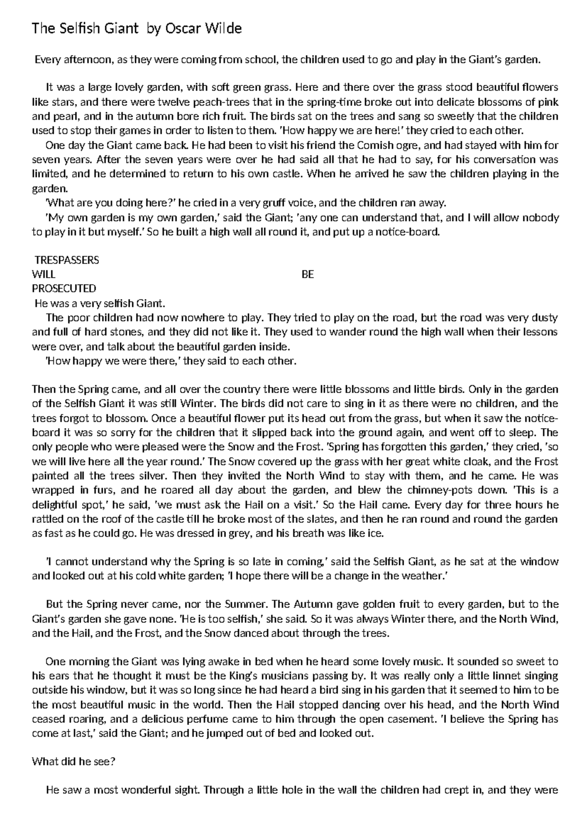 The Selfish Giant (Oscar Wilde) - Summary and Analysis Notes - Studocu