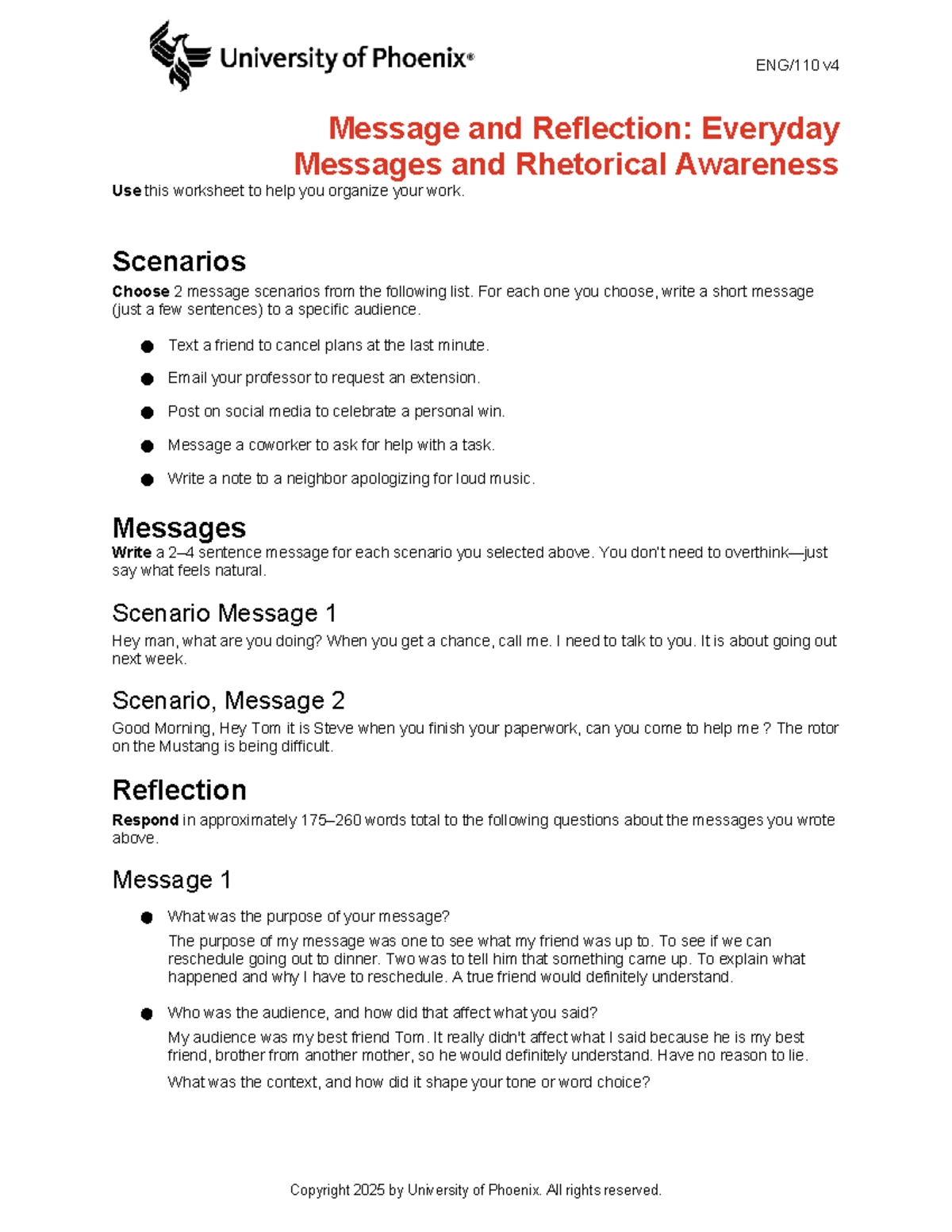 ENG110 v4 Week 1: Message Scenarios & Reflection on Rhetorical ...