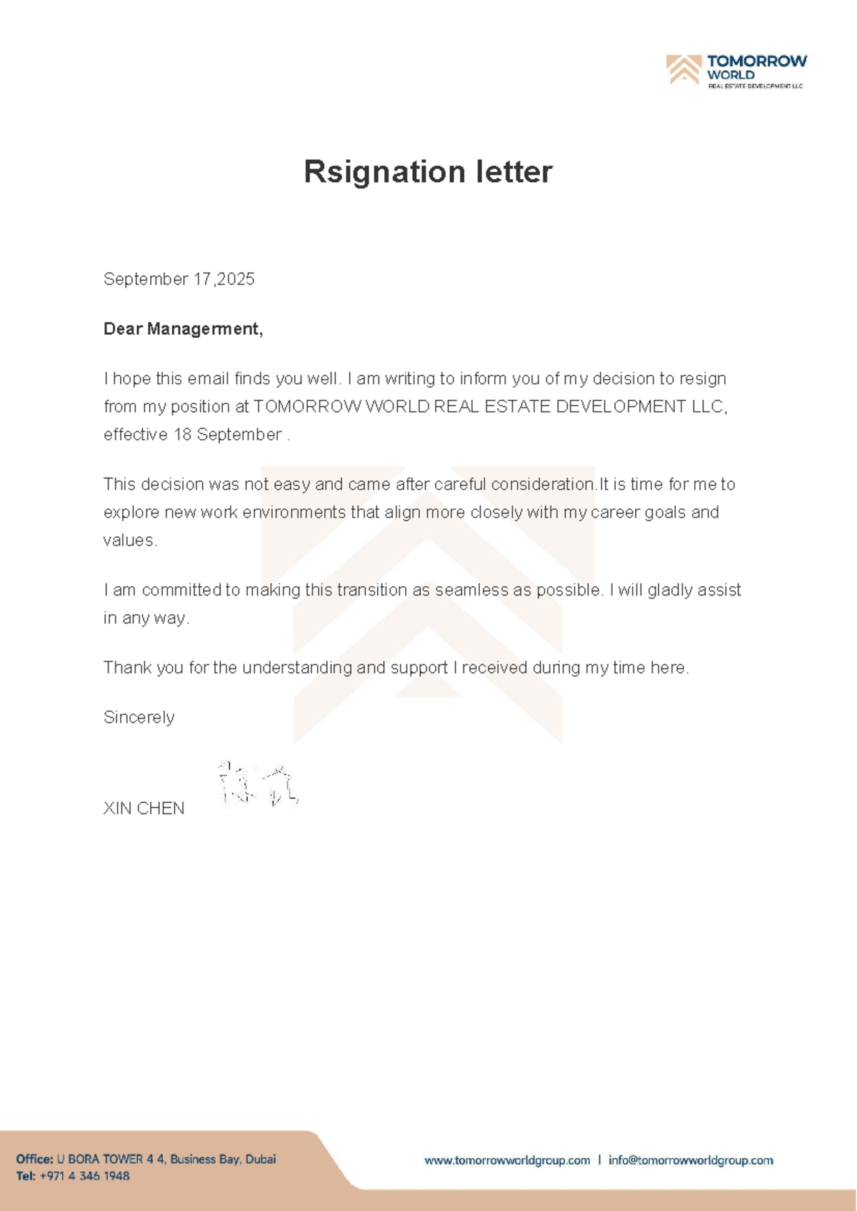 Resignation Letter - Xin Chen - September 2025 - Studocu