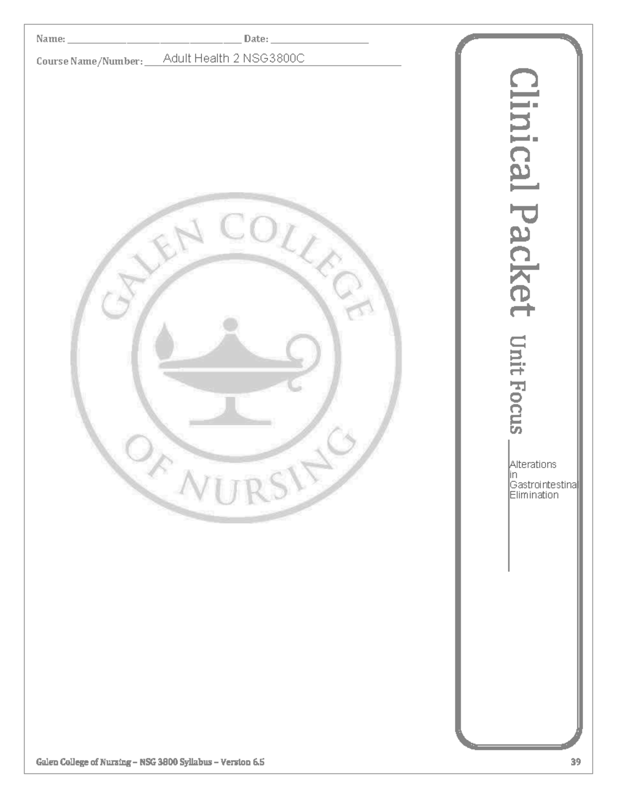 Clinical Packet for Adult Health Nursing (NSG 3800) - Gastrointestinal ...