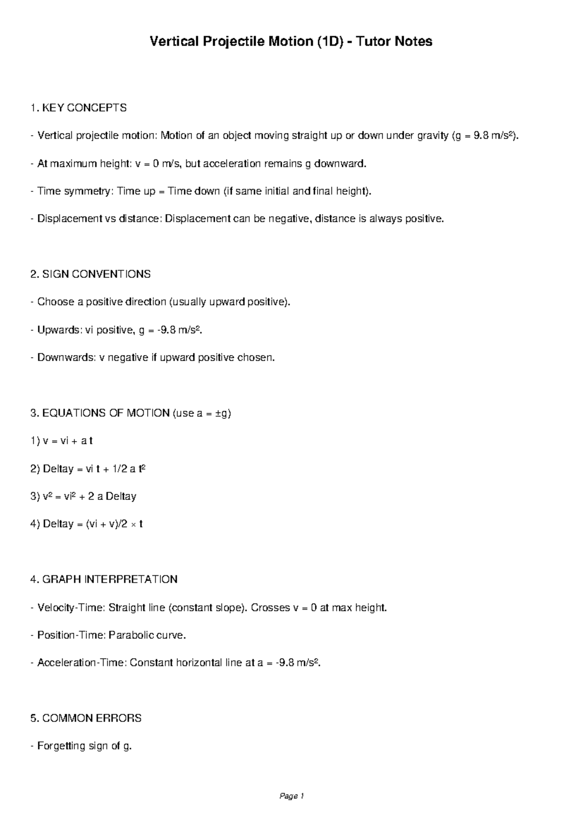 Vertical Projectile Motion (1D) Tutor Notes: Key Concepts & Errors ...