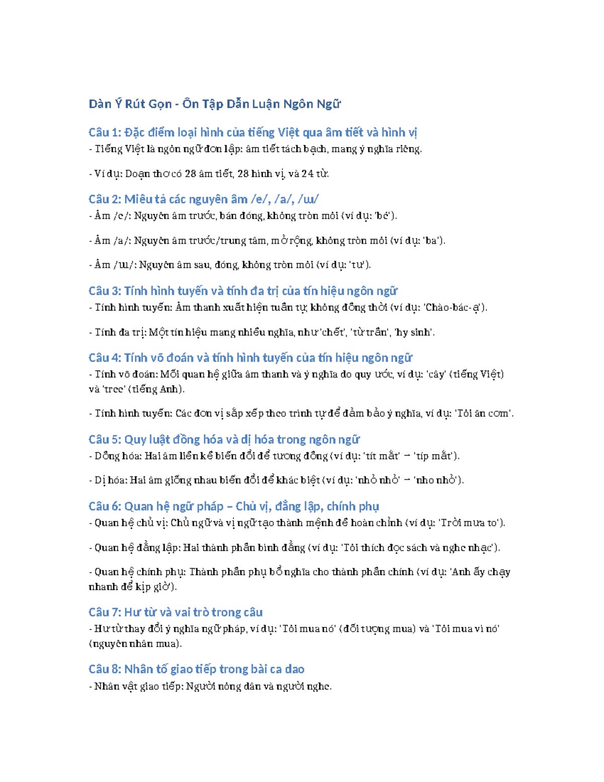 Dàn Ý Rút Gọn Ôn Tập Dẫn Luận Ngôn Ngữ - Dlnn - Studocu