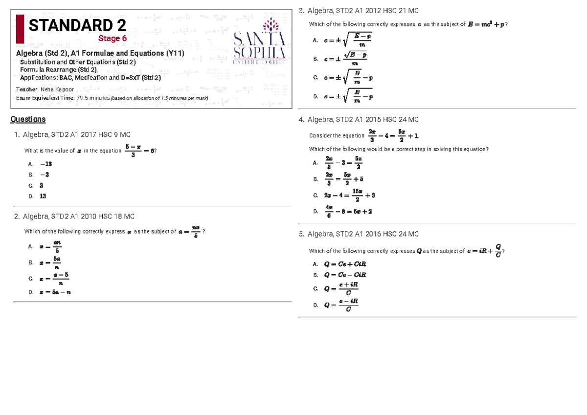 HSC Algebra Questions - STD2 A1 Practice and Solutions - Studocu