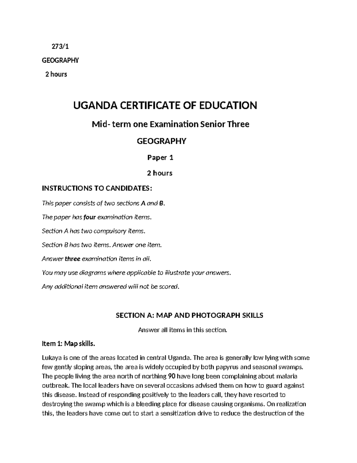S.3 GEOG Midterm 1 2024: Uganda Certificate Exam Paper 1 - Studocu