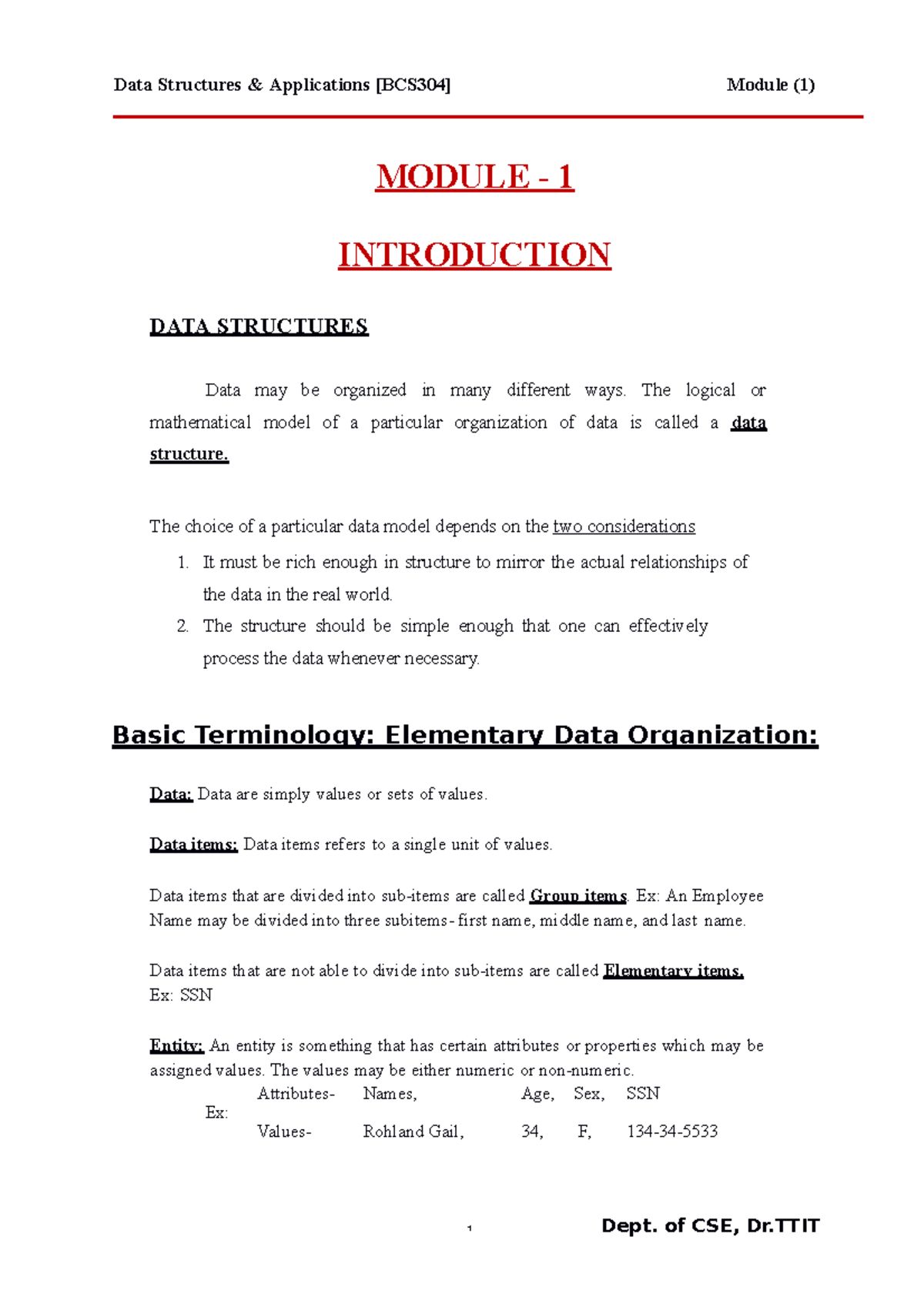 (2023-24) BCS304 DSA Module 1: Introduction to Data Structures - Studocu