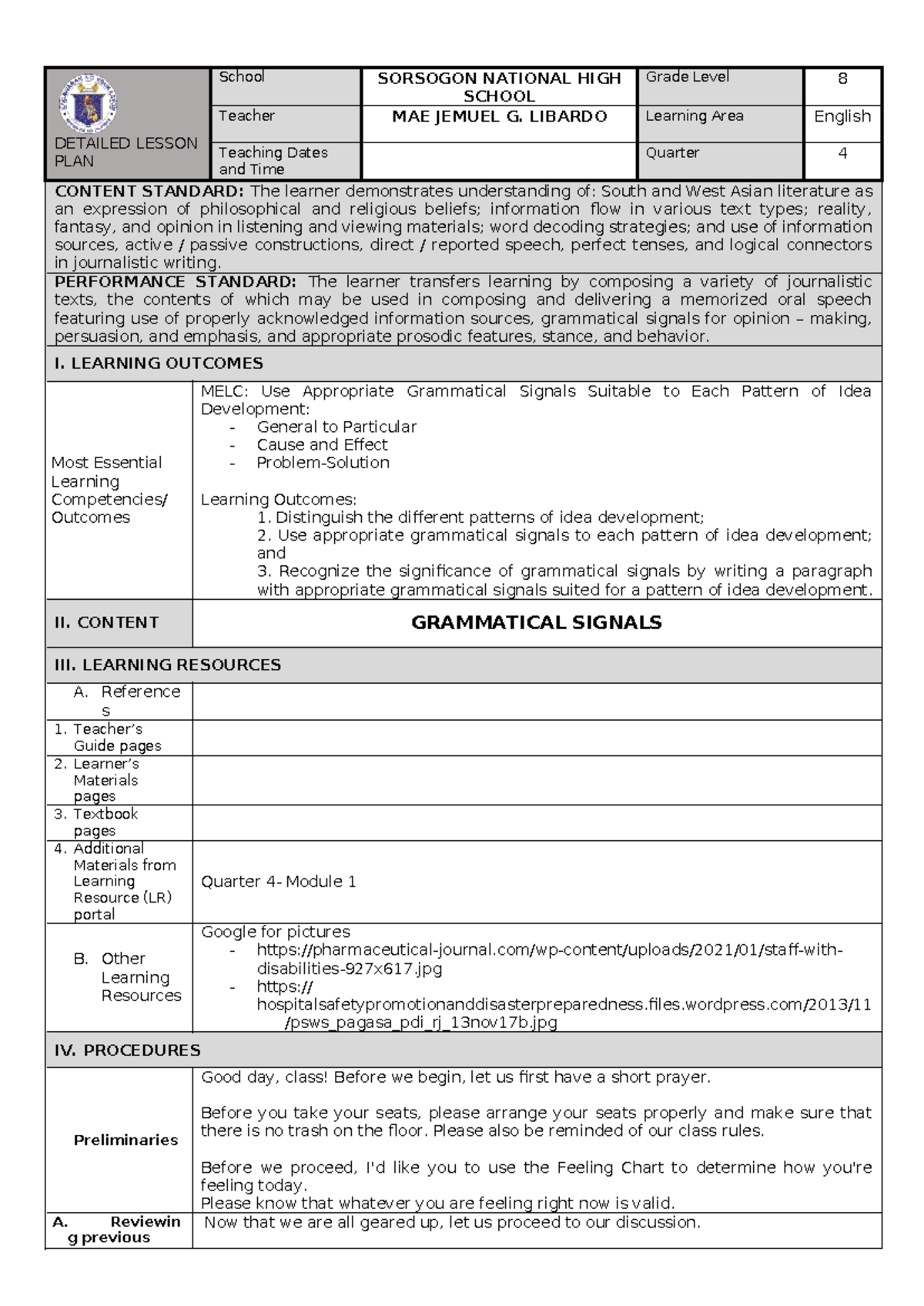 Grammatical Signals for Idea Development: A Detailed Lesson Plan (Grade ...
