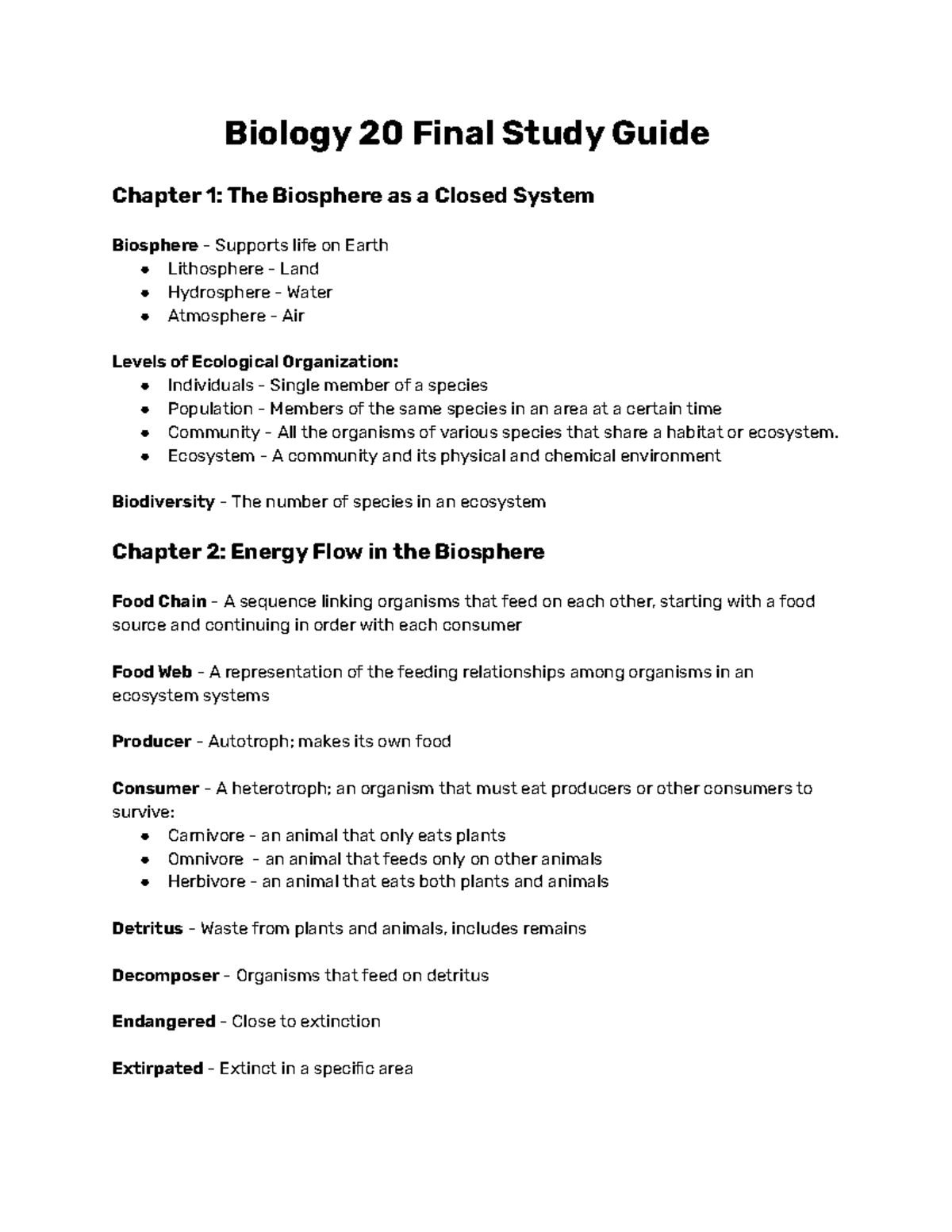 Biology 20 Final Study Guide: Understanding the Biosphere & Ecosystems ...