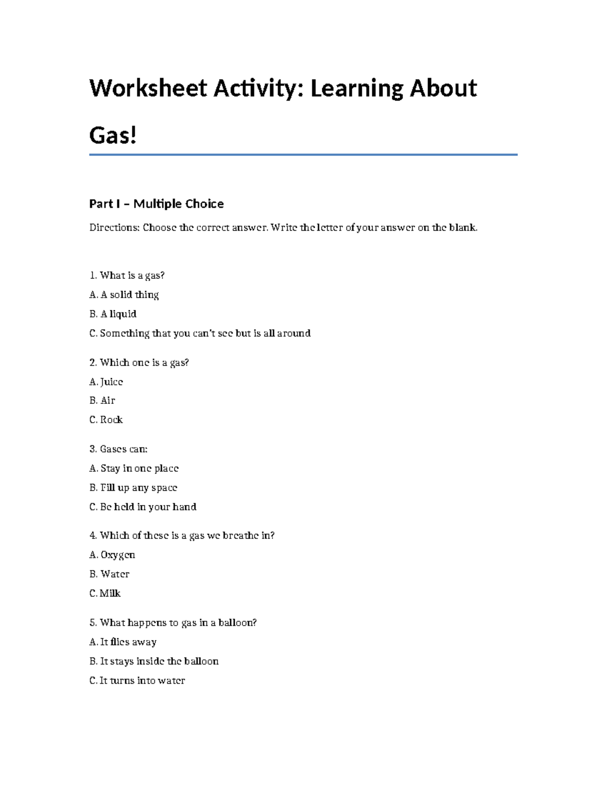 Grade 3 Worksheet: Understanding Gases - Multiple Choice & ID - Studocu