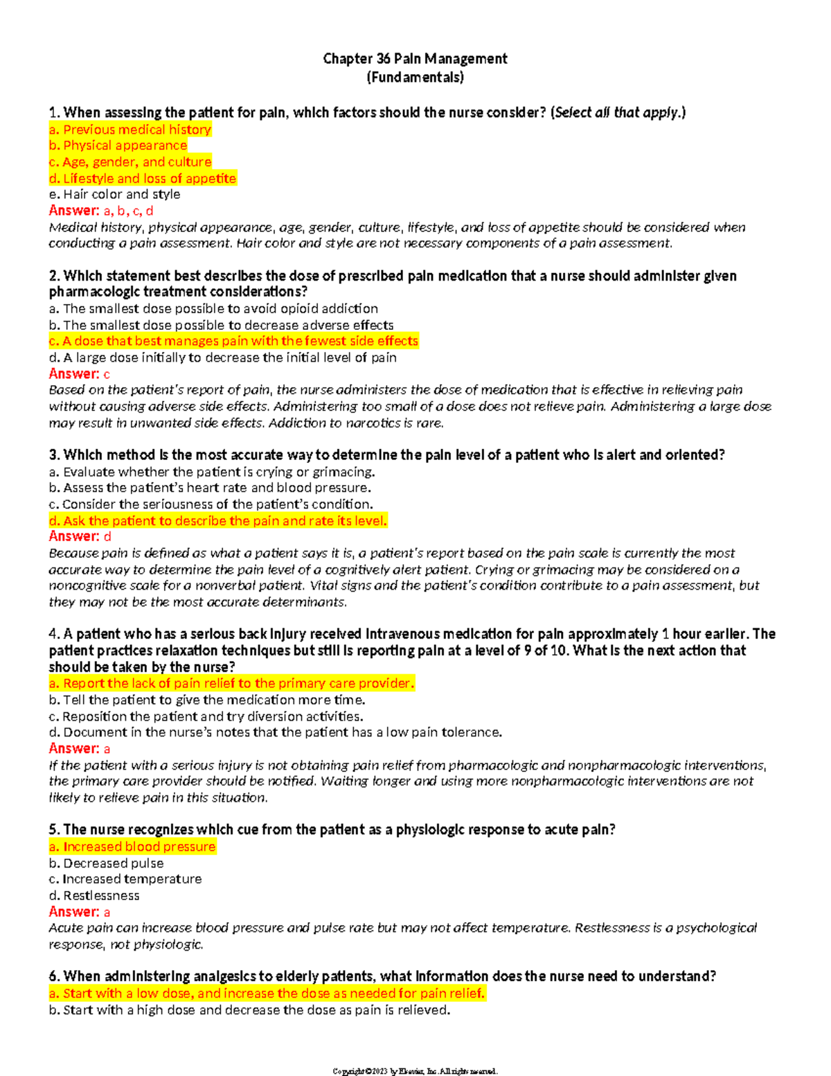 Ch.36 - Pain Management Practice Questions (Fundamentals, Elsevier ...