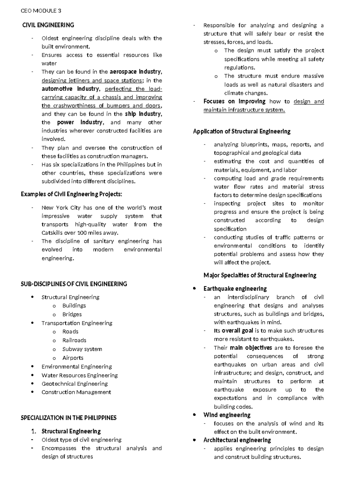 CEO MODULE 3: Civil Engineering Overview and Specializations - Studocu