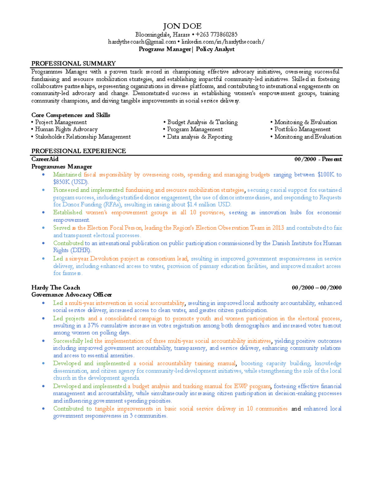 NGO (Civil Society) CV Template: Effective Programs Manager Profile ...