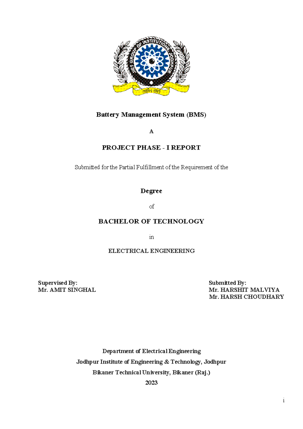 BTECH EE Project Report: Battery Management System (BMS) Phase I - Studocu