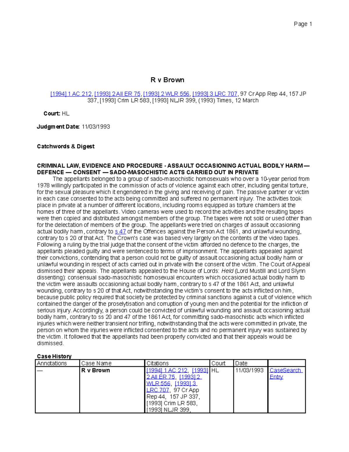 CASE Summary R v Brown [1994] 1 AC 212, [1993] 2 All ER 7 - Page 1 R v ...