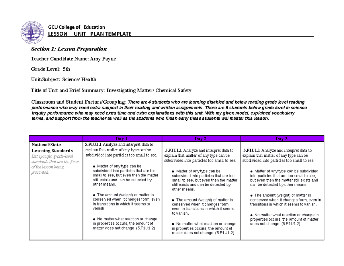 3-Day Unit Plan Template: Investigating Matter & Chemical Safety (5th ...