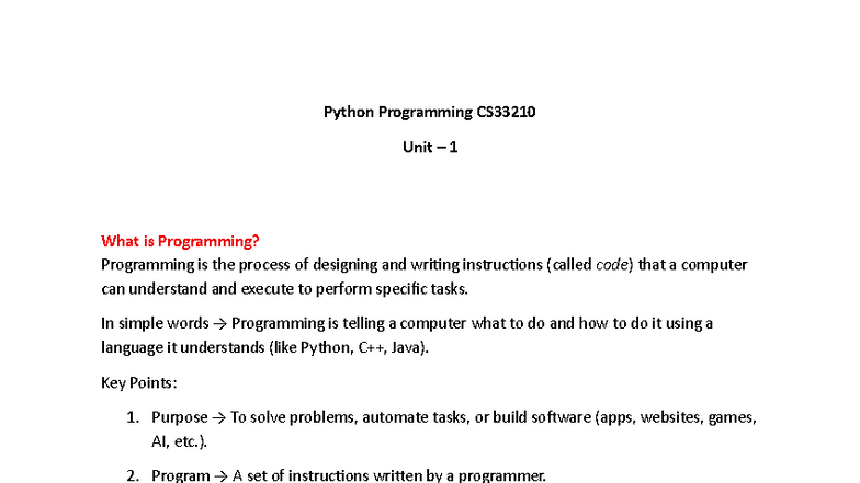Python Programming CS33210 Unit 1: Introduction to Programming Concepts - Studocu