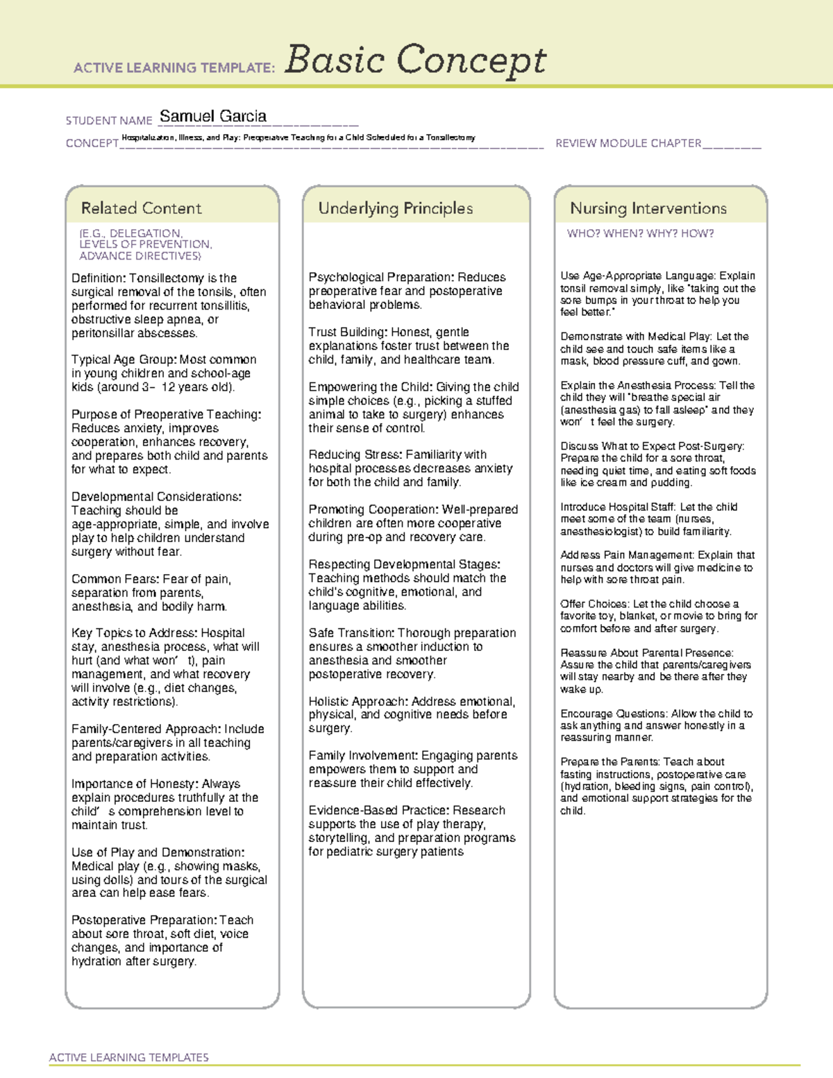 Tonsillectomy Preoperative Teaching: Active Learning Template - Studocu