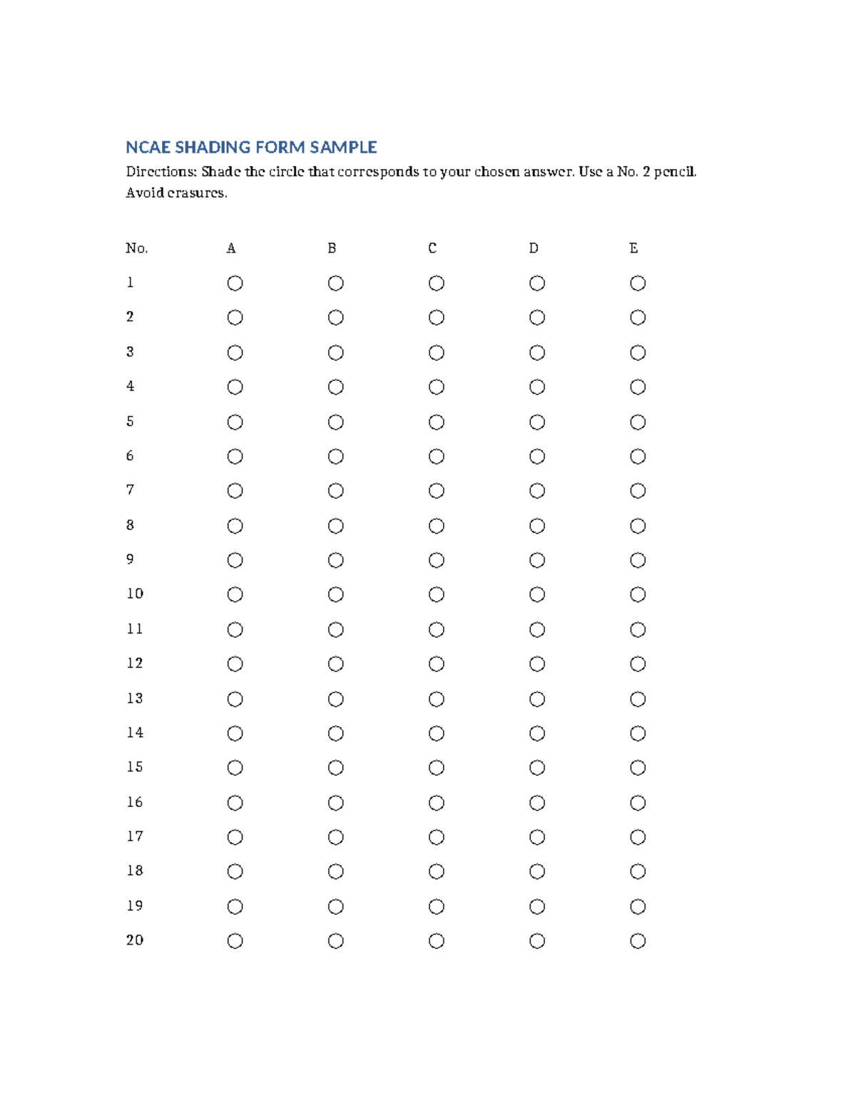 NCAE Shading Form Sample - NCAE SHADING FORM SAMPLE Directions: Shade ...