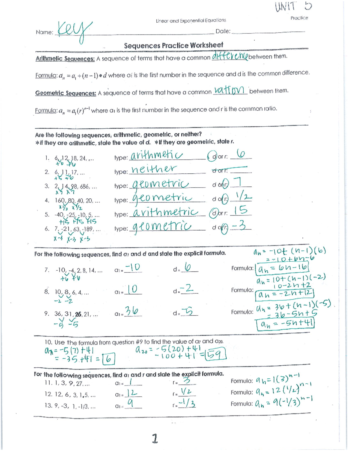 03-21-18 key arithmetic and geometric sequences - UNIT 5 Linear and ...