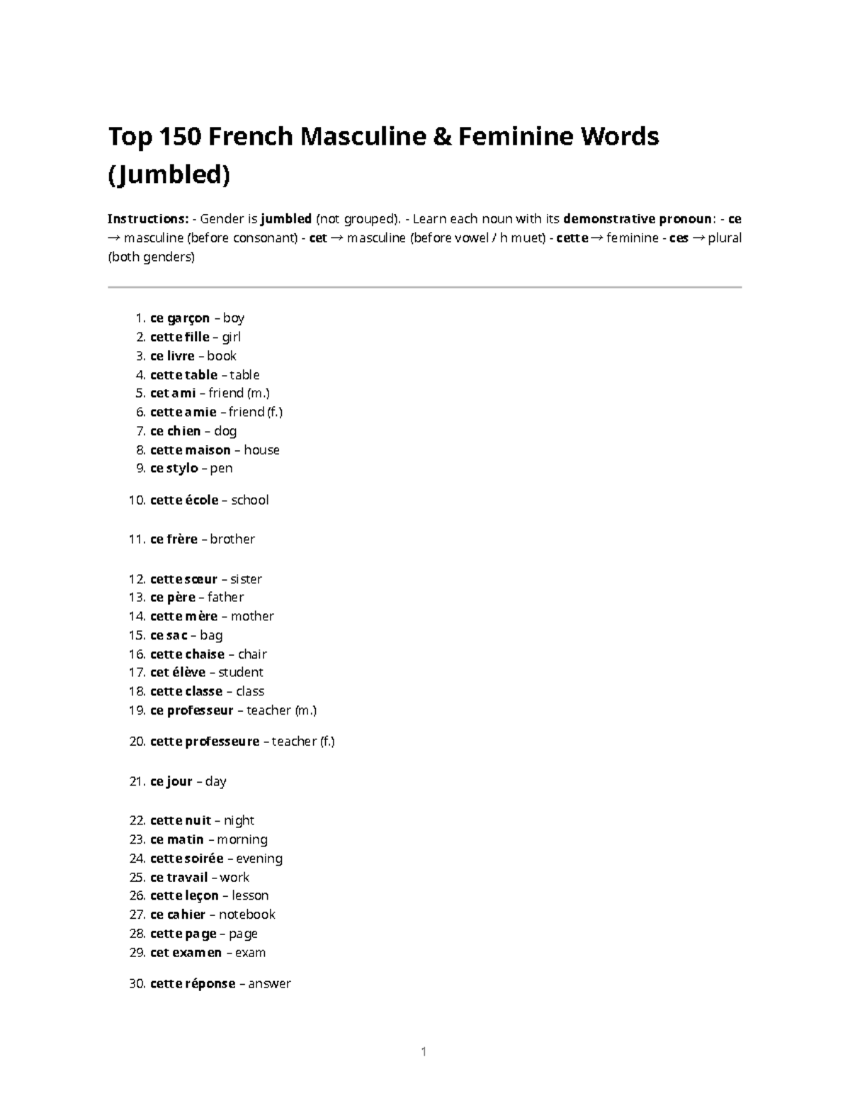 French Masculine & Feminine Words (Top 150) - Study Guide - Studocu