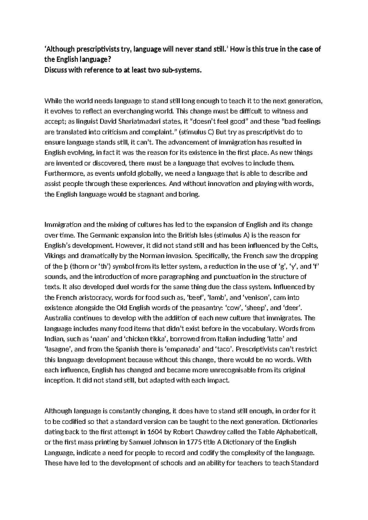 SAC Sample Essay: The Evolution of English Language and Prescriptivism ...