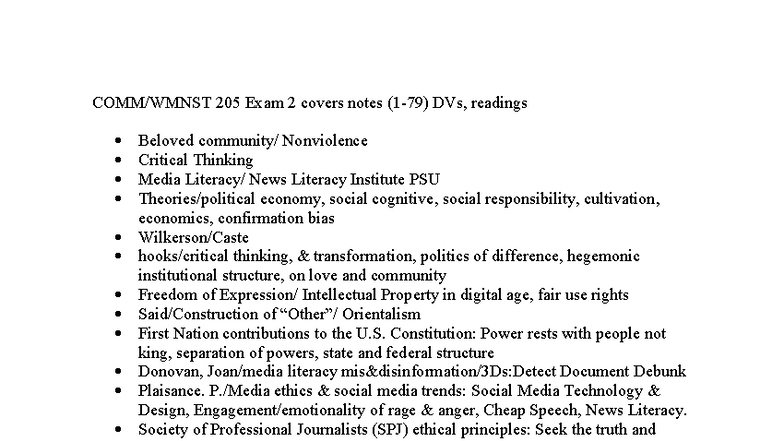 205 Exam 2 Review: Key Concepts in Media Literacy and Ethics - Studocu