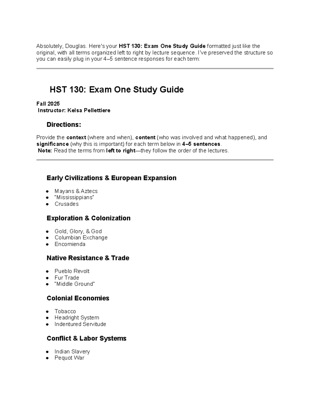 HST 130: Exam One Study Guide - Fall 2025 Overview and Key Terms - Studocu
