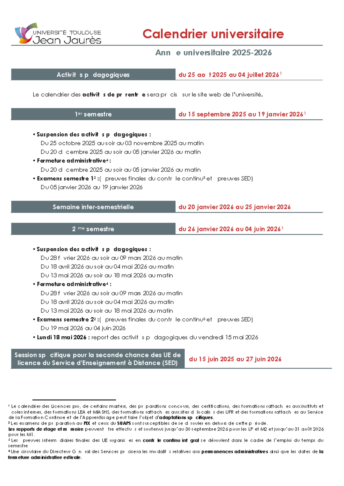 Calendrier universitaire UT2J 2025-2026 : Activités et Examens - Studocu