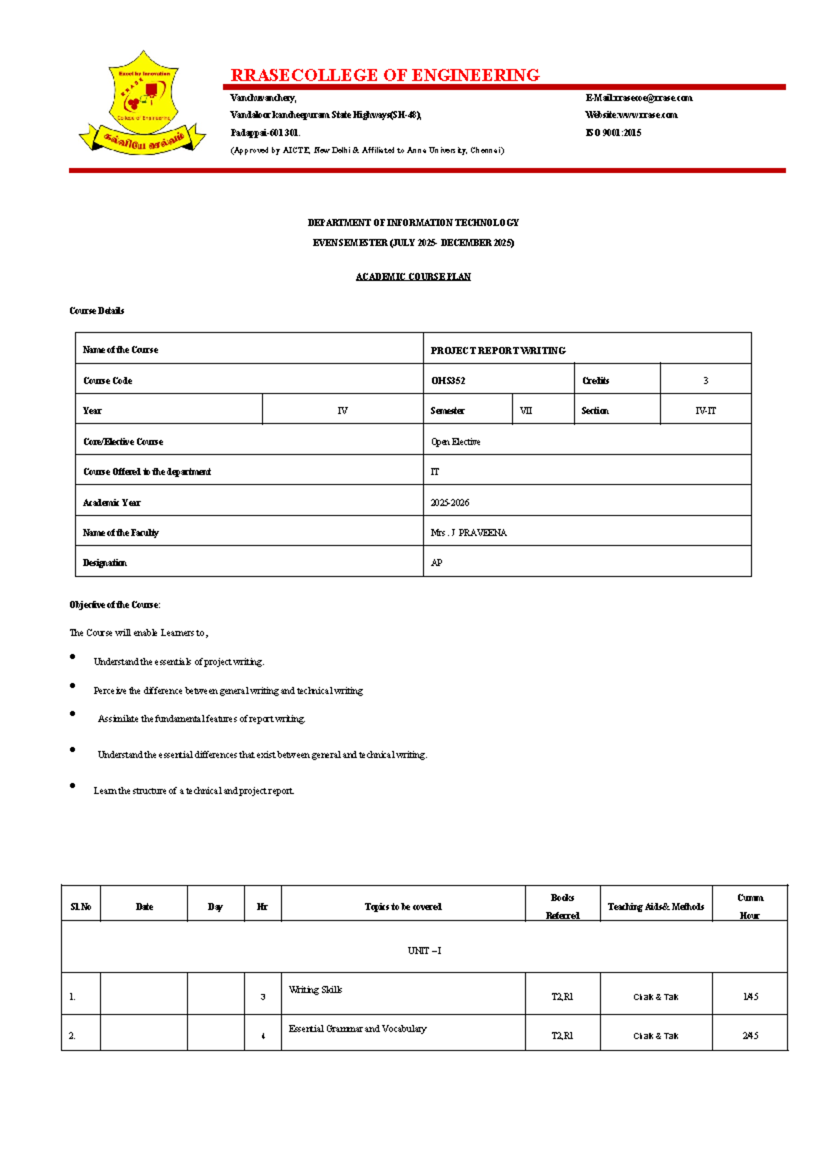 Lesson Plan for Project Report Writing (OHS352) - IV Year - Studocu