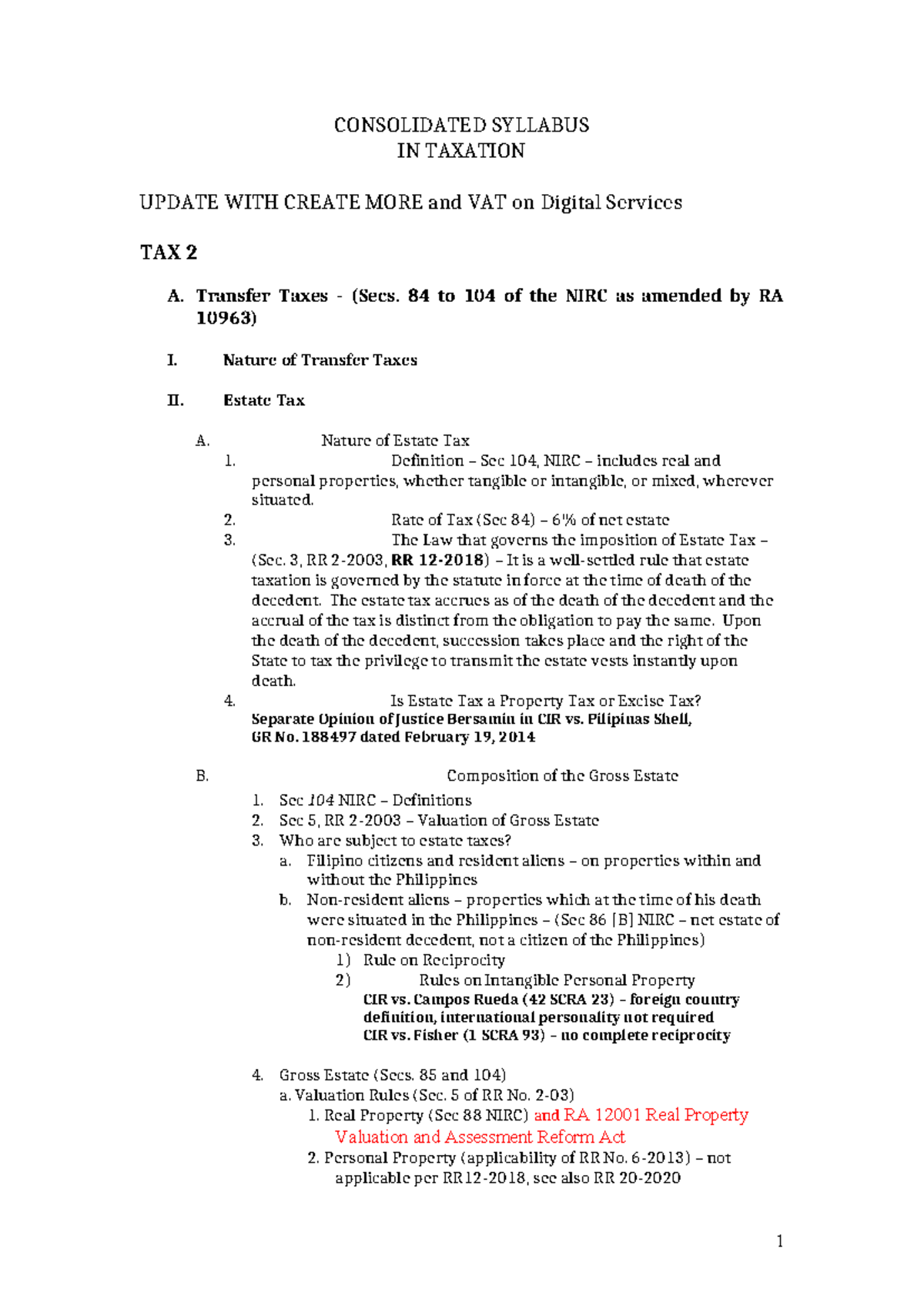 Consolidated Syllabus in Taxation 2: Updates on CREATE and VAT - Studocu