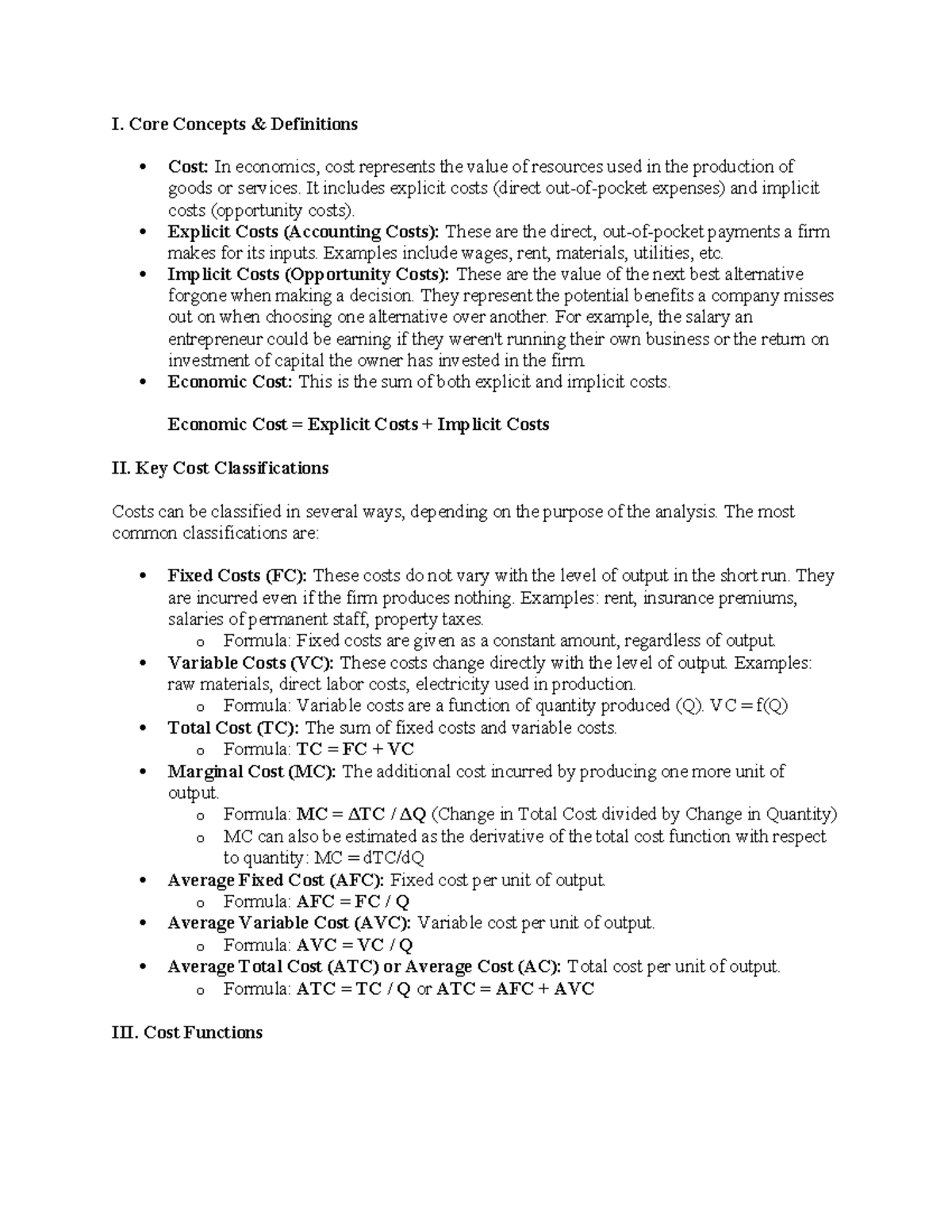Cost Notes: Core Concepts and Classifications in Economics (ECO 101 ...
