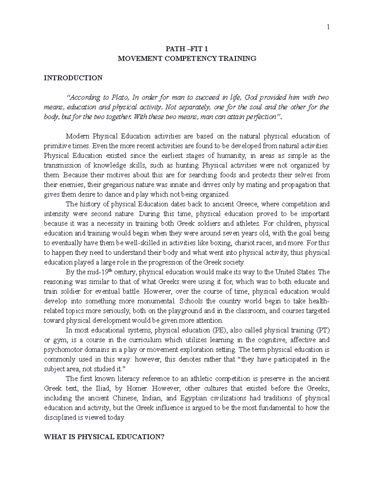 PATH-FIT 1 Movement Competency Training Handouts for PE - Studocu